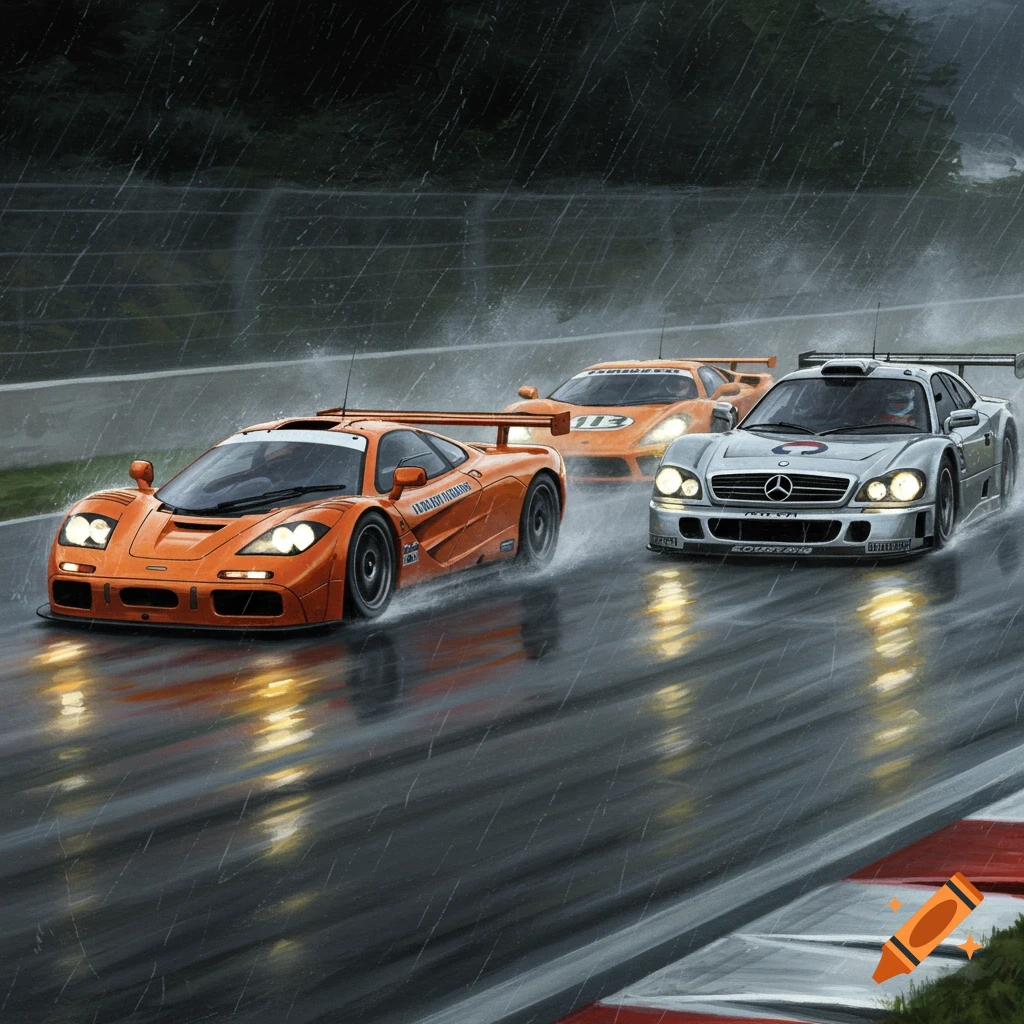 Oil painting of three race cars speeding in heavy rain on a track. on ...