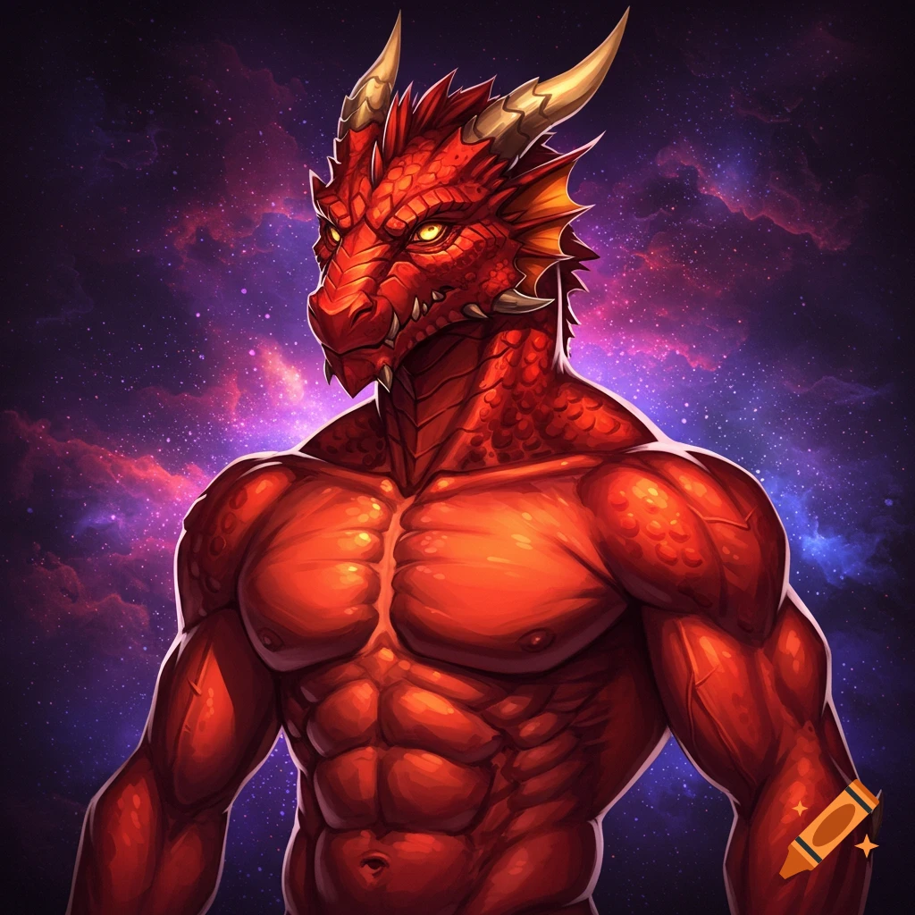 Muscular red anthro dragon with gold eyes on Craiyon
