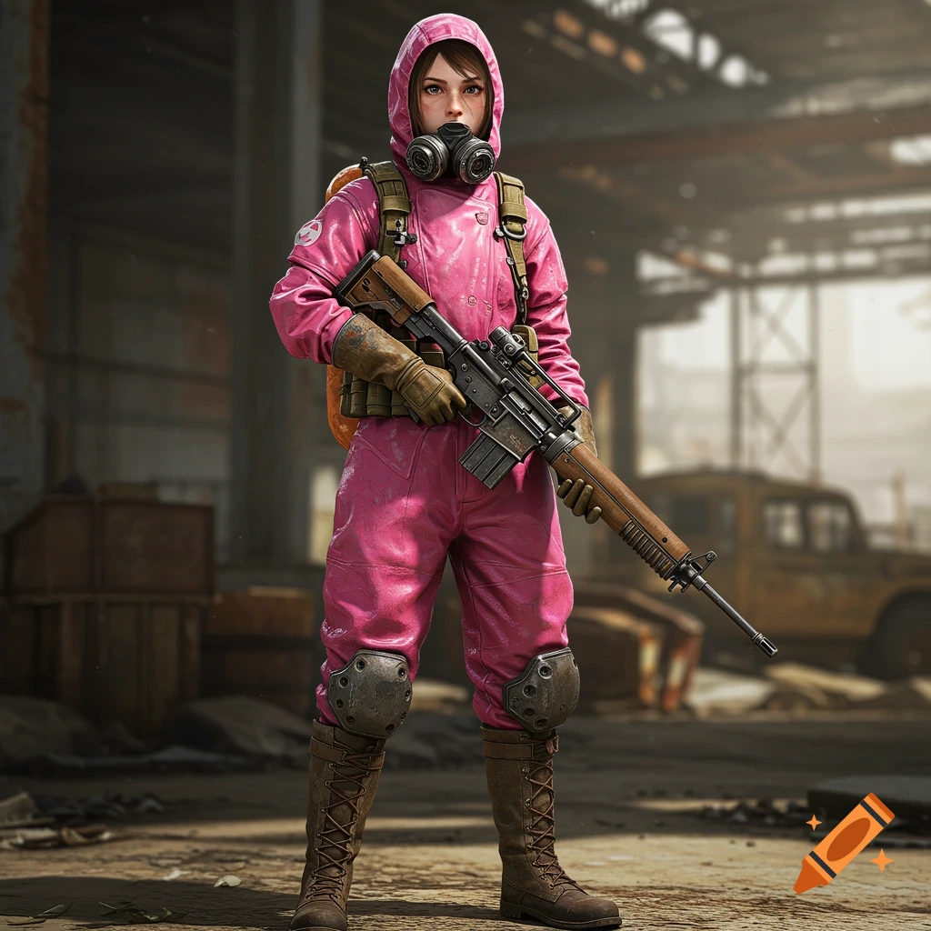 Rust game character with pink hazmat and M2 rifle on Craiyon