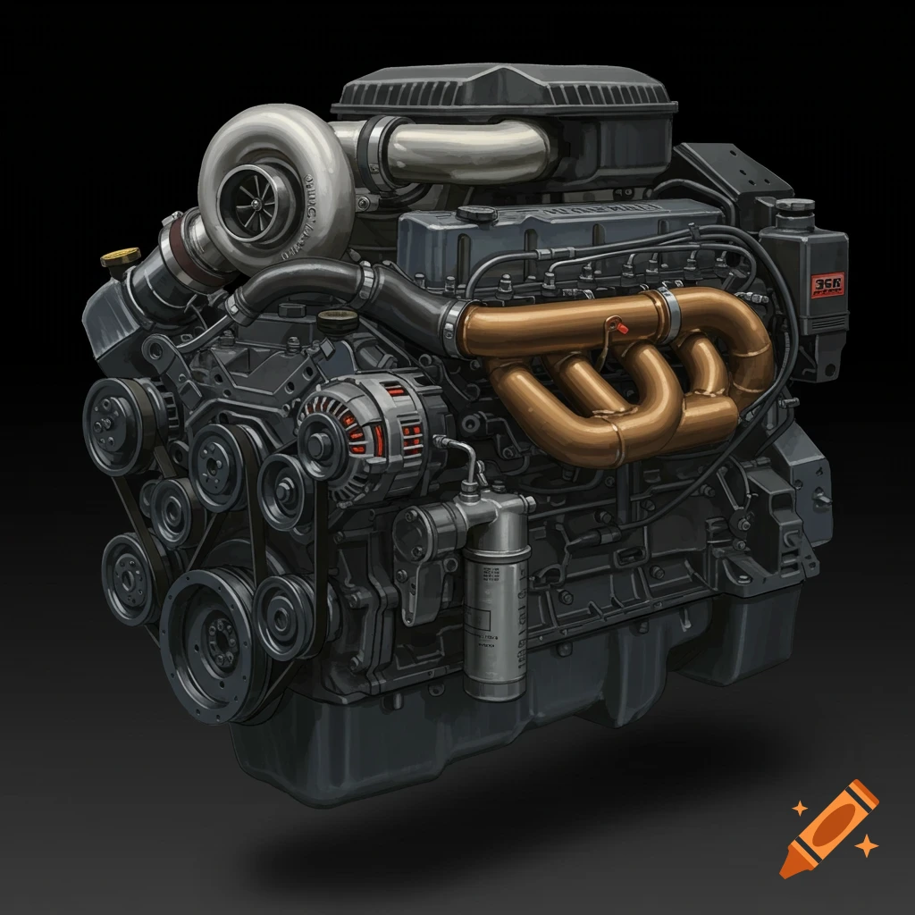 A detailed technical illustration of a turbocharger with many labels ...