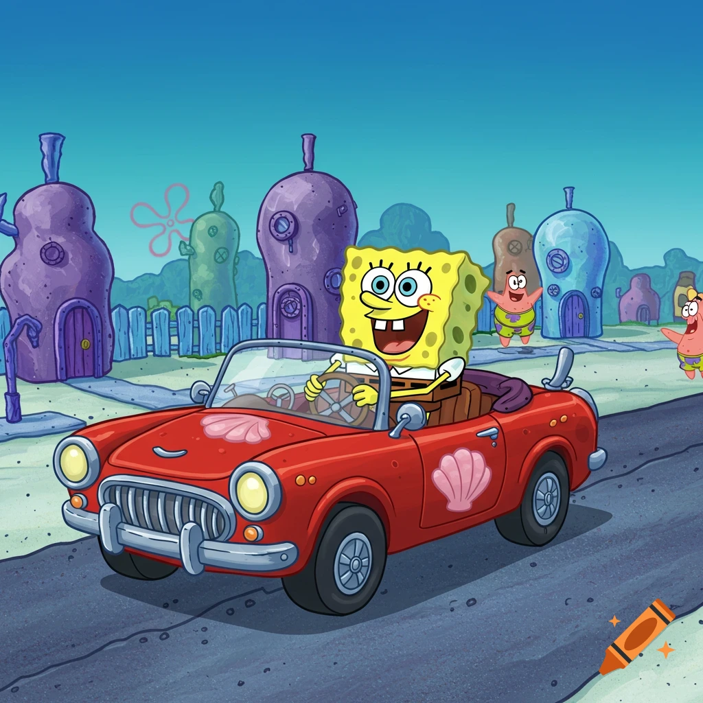 Spongebob driving a red car through Bikini Bottom with Patrick nearby ...