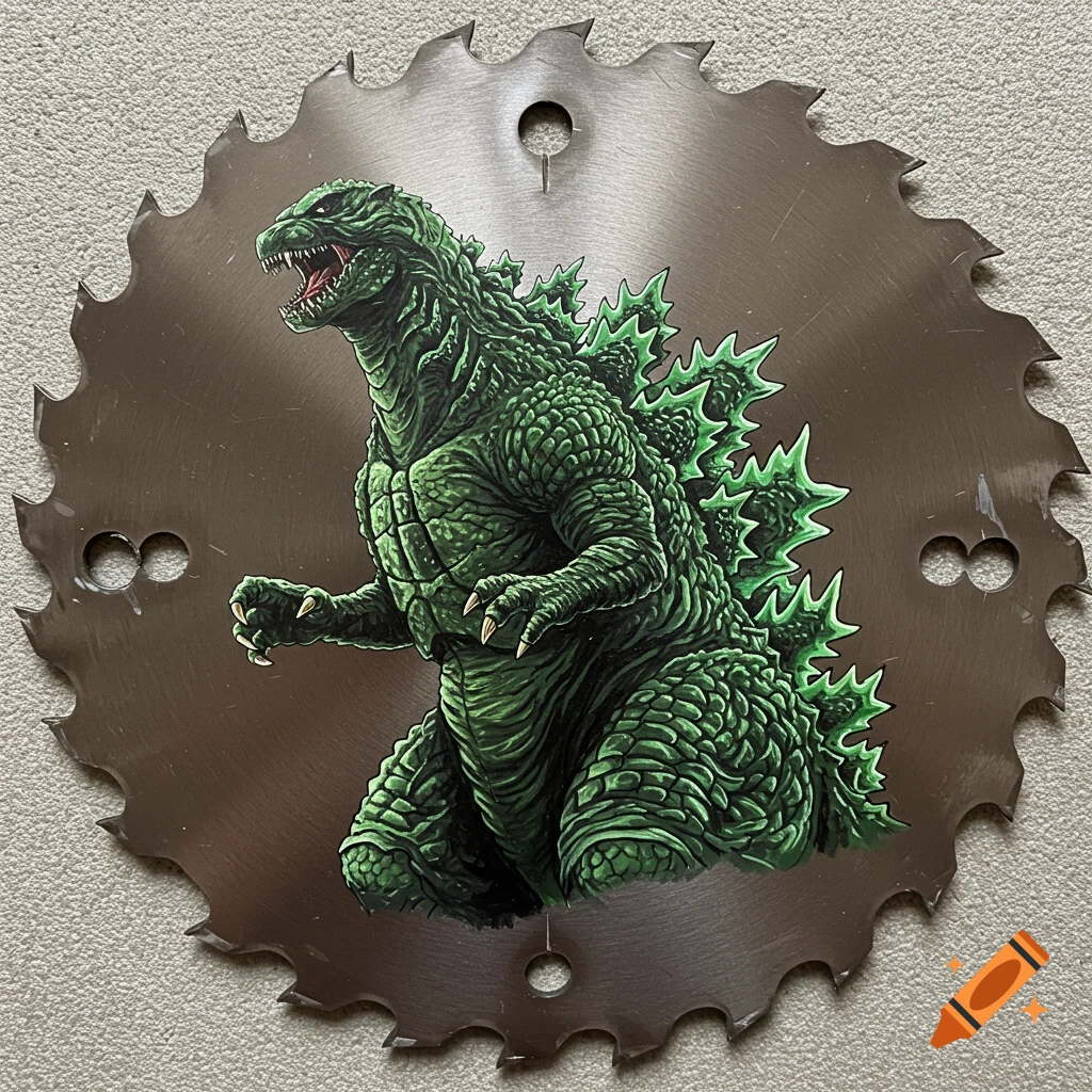 A detailed painting of green Godzilla on a circular saw blade. on Craiyon