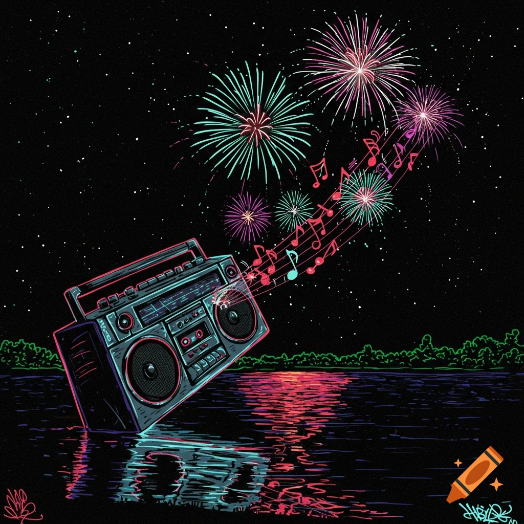 Graffiti art of a boombox blasting music with fireworks, neon colors ...