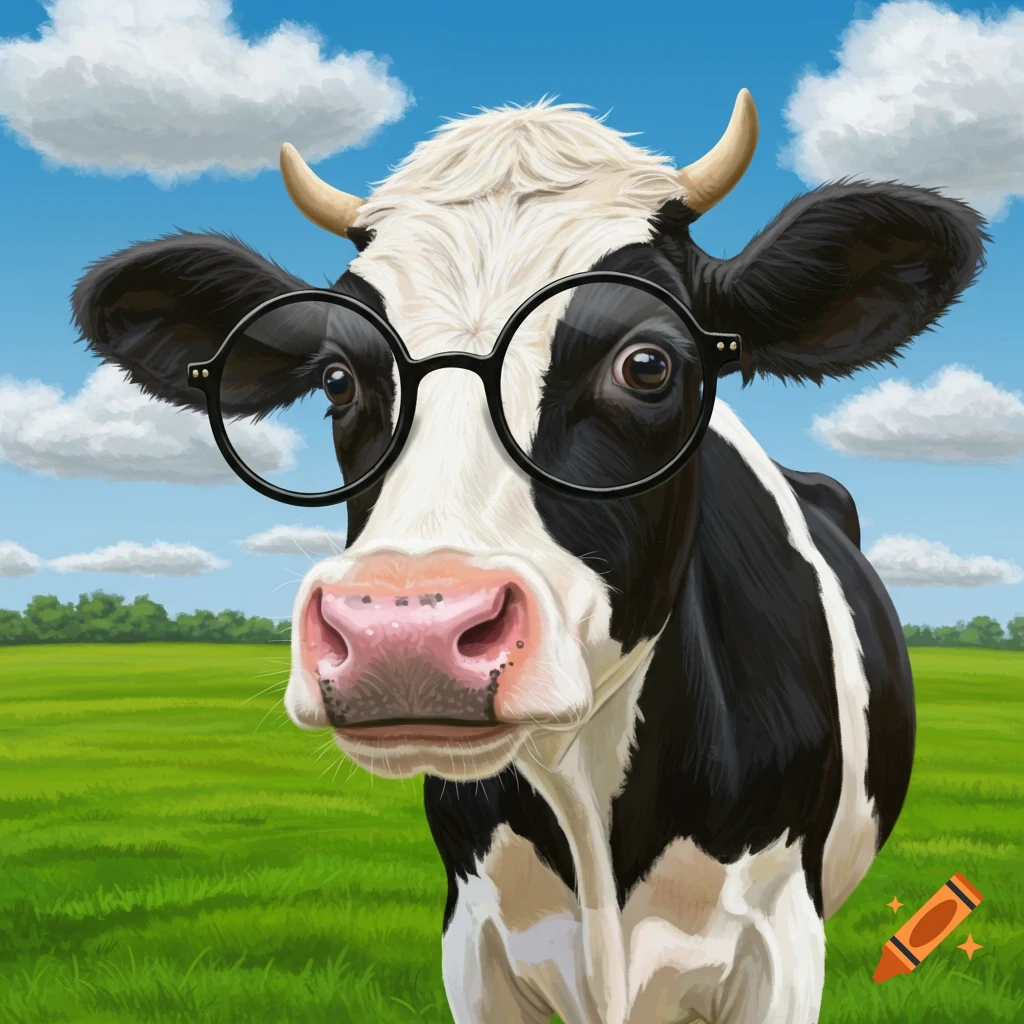 A cow wearing glasses stands in a grassy field under a blue sky. on Craiyon