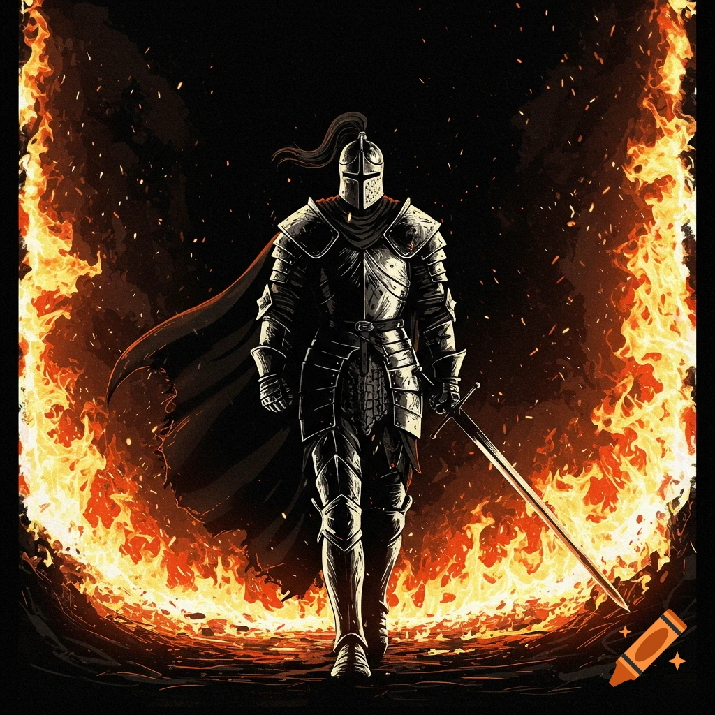 Black and white knight with sword and cape walking through fire on Craiyon