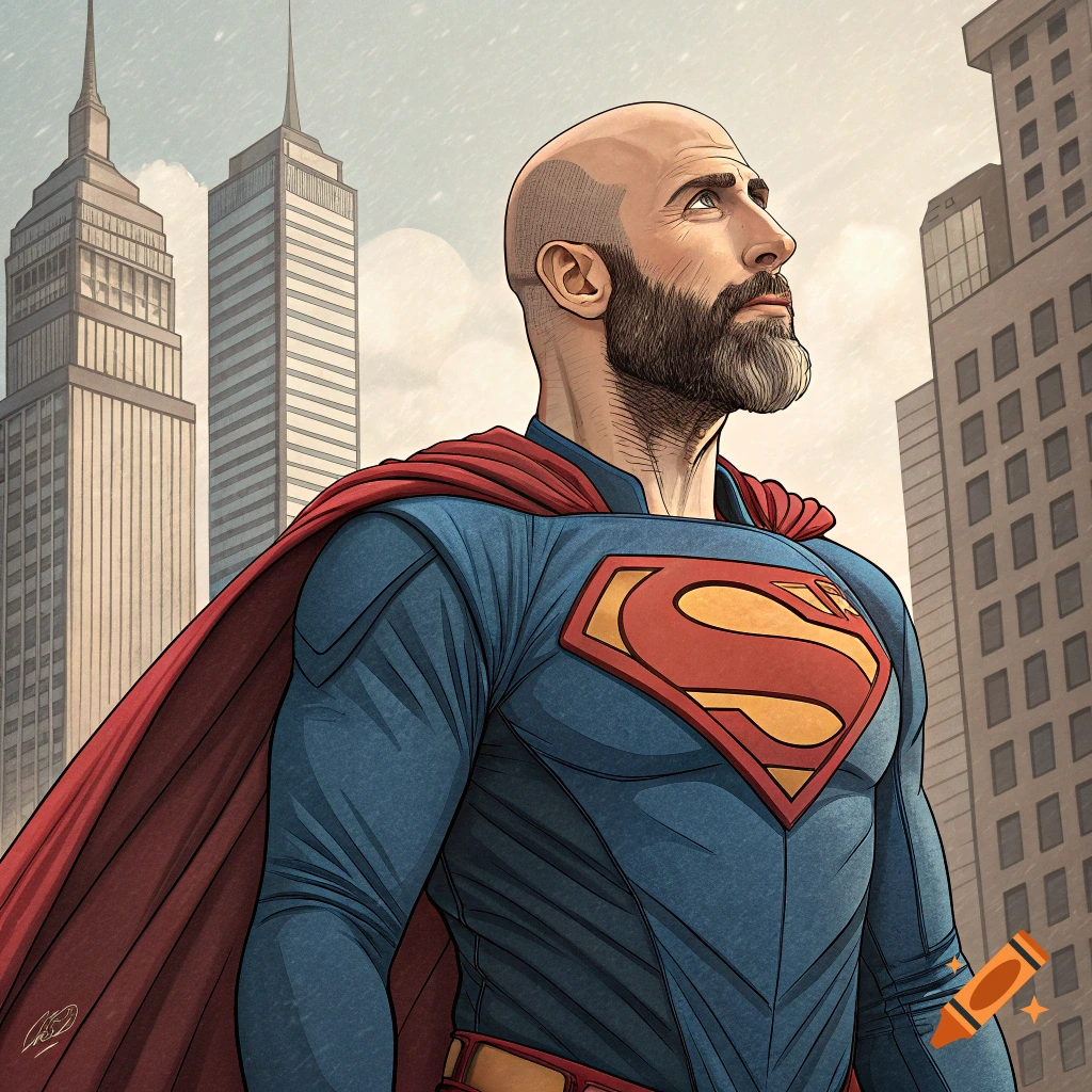 Comic art illustration of a bald man with a beard wearing a Superman costume, looking up in a ...