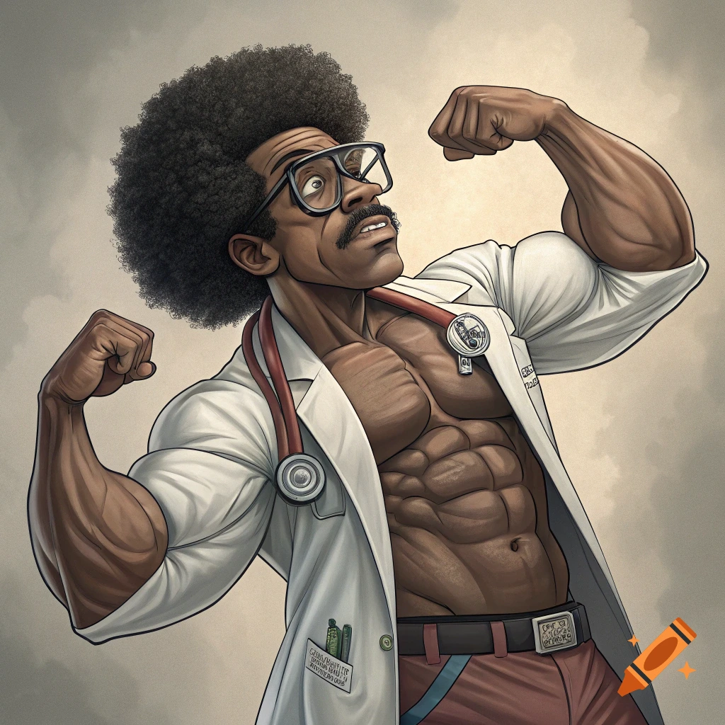 Illustration of a man with tattoos and gold jewelry wearing a lab coat ...