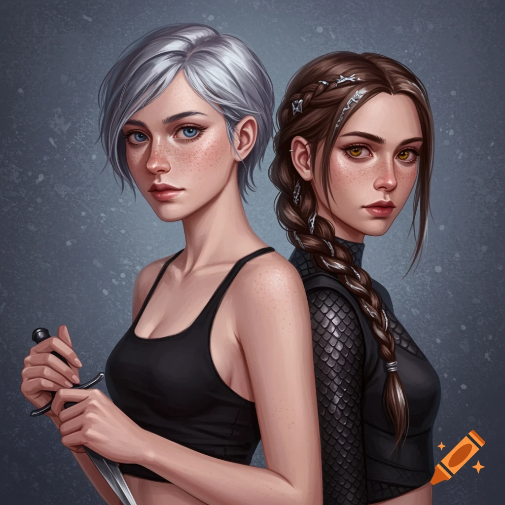 Two girls back-to-back, one with silver hair holding a dagger, the ...