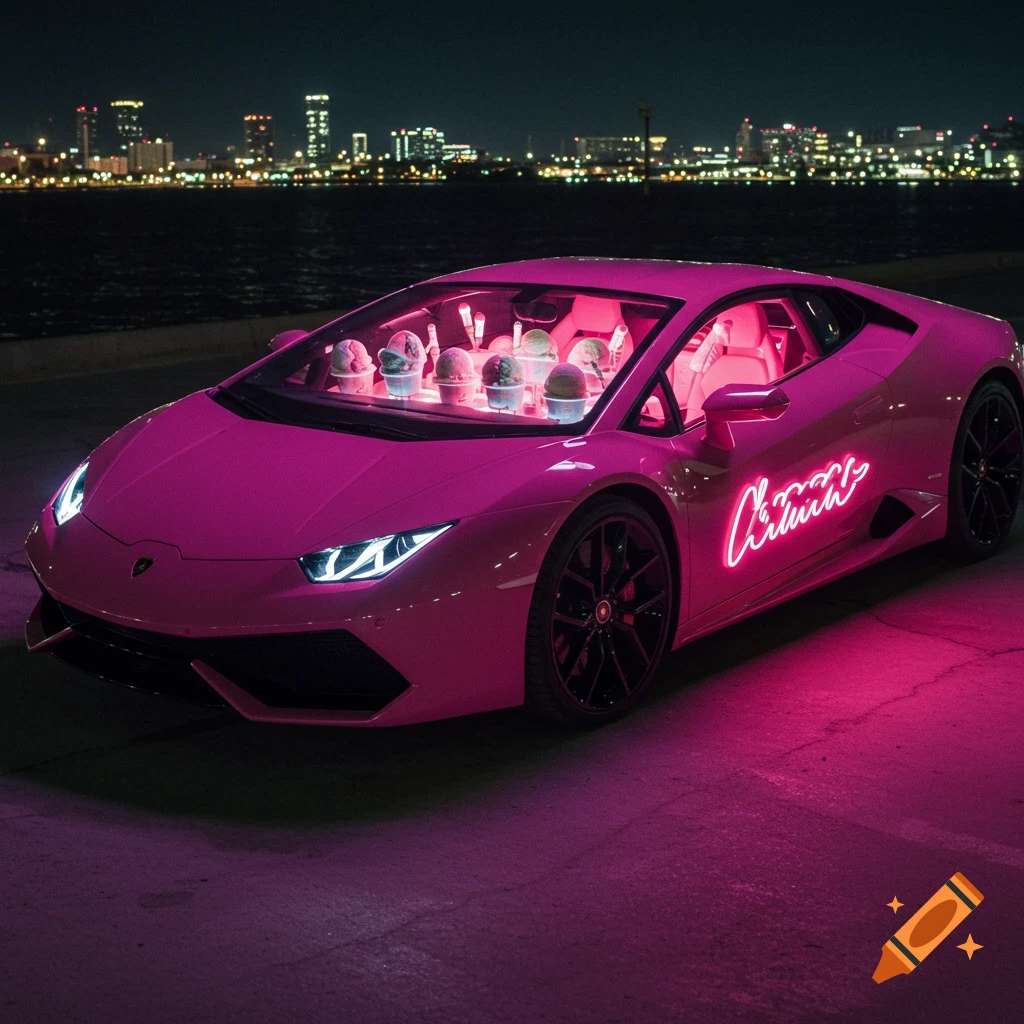 Pink Lamborghini with ice cream makers and neon lights inside on Craiyon