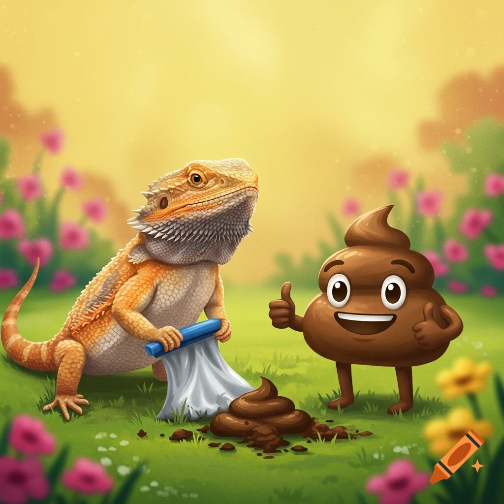 A cartoon bearded dragon uses a pressure washer to clean an overflowing ...