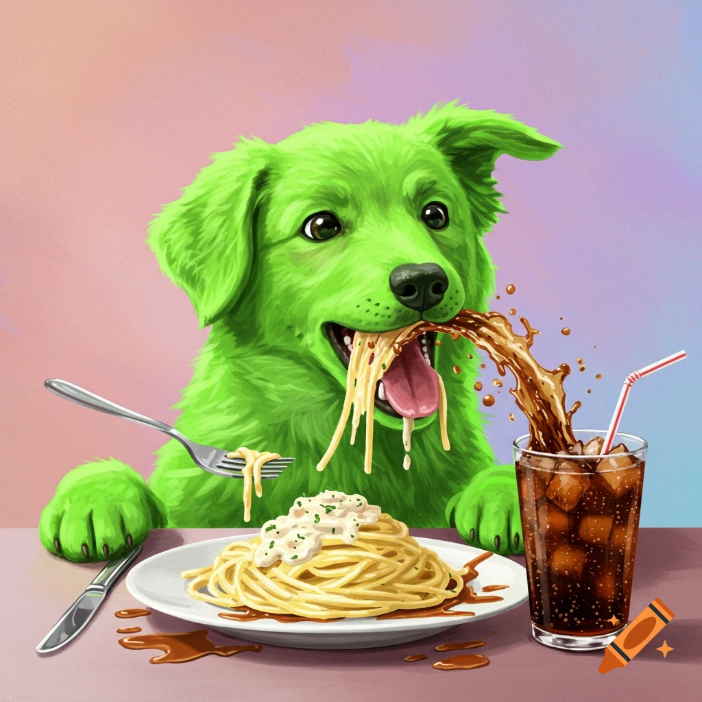A green dog eating penne alfredo pasta and spilling soda on Craiyon