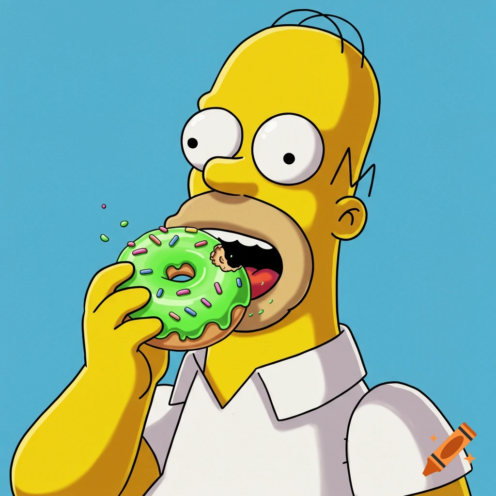 Homer Simpson eating a green donut. on Craiyon