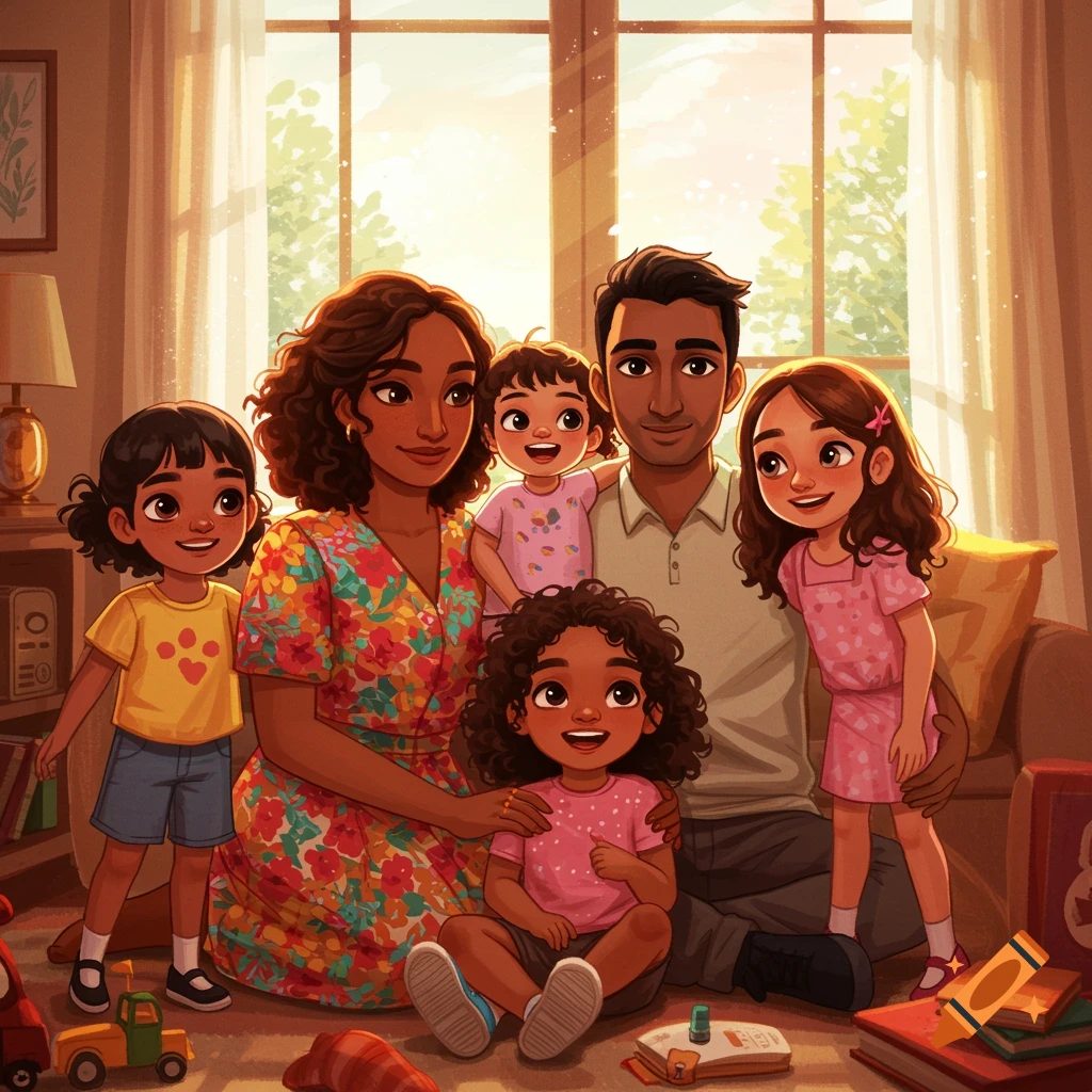 A diverse family of five sits together in a sunlit living room ...