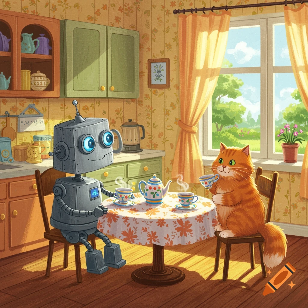 Robot and cat having tea, children's book illustration on Craiyon