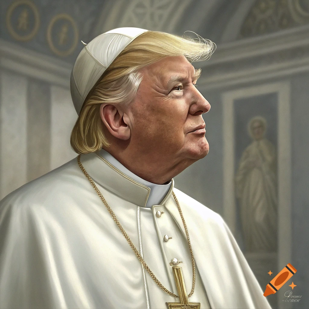 Portrait of Donald Trump wearing a white bonnet and red cape from The ...