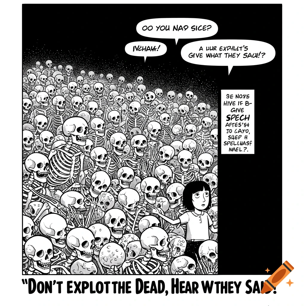 Black and white comic art of Marjane surrounded by skeletons protesting ...