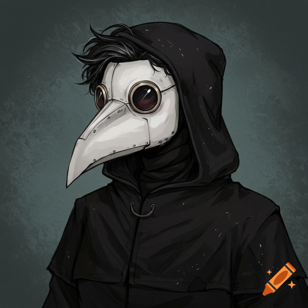 A person wearing a white plague doctor mask and black hooded cloak. on Craiyon