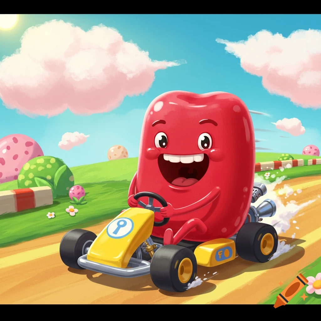 A cartoon jelly bean character drives a go-kart on a race track. on Craiyon