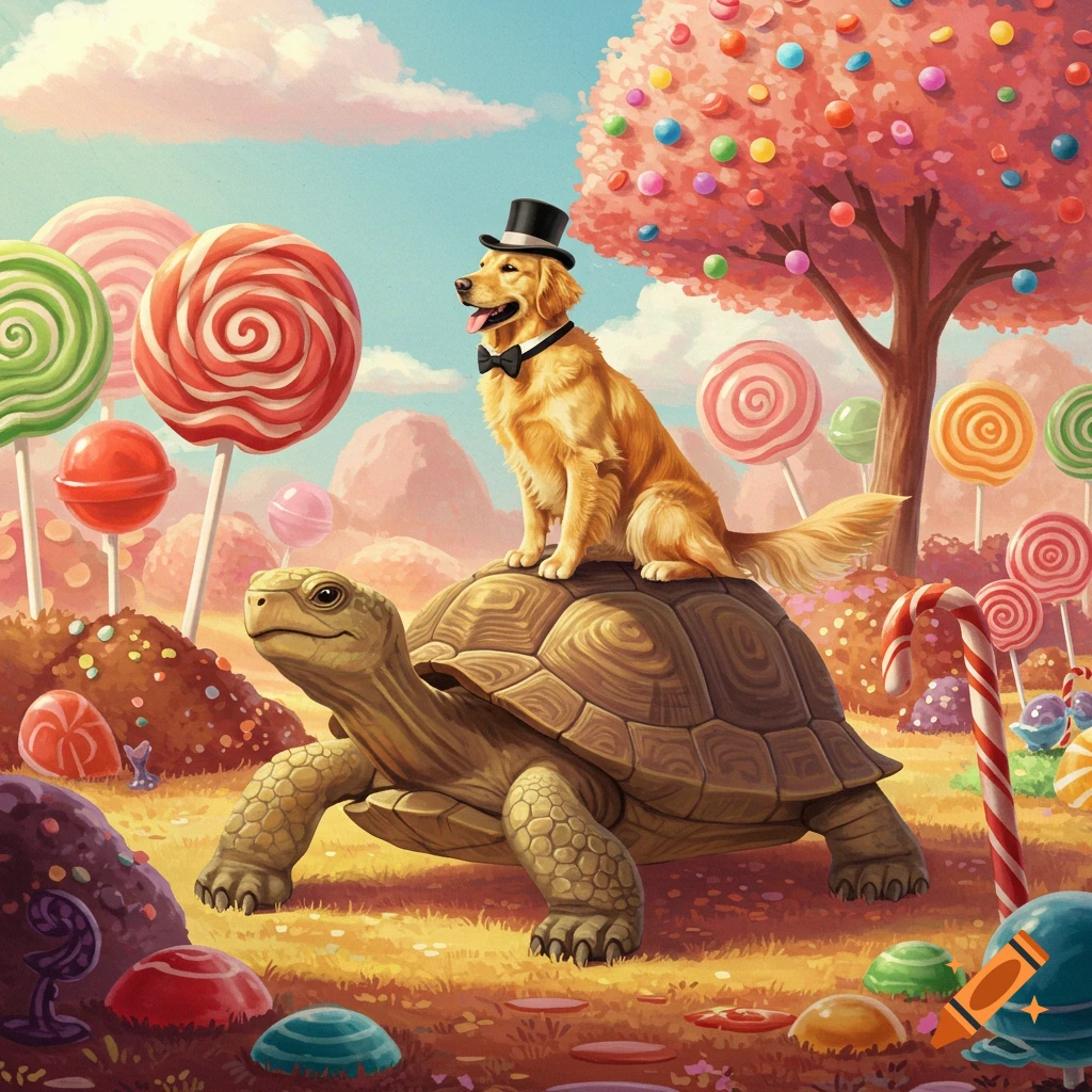 Golden retriever with hat and bow tie riding turtle in candy land on Craiyon