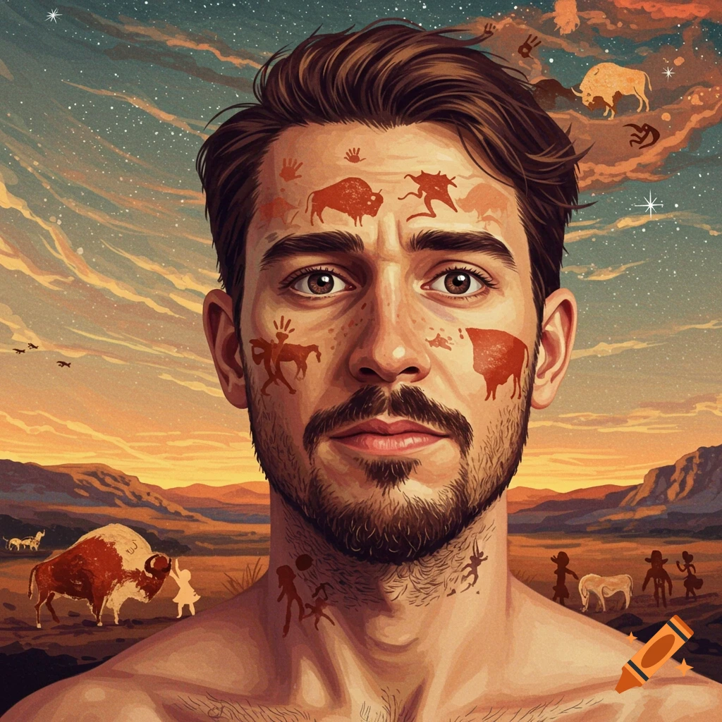 Image of a man with cave art symbols on his face against a landscape ...
