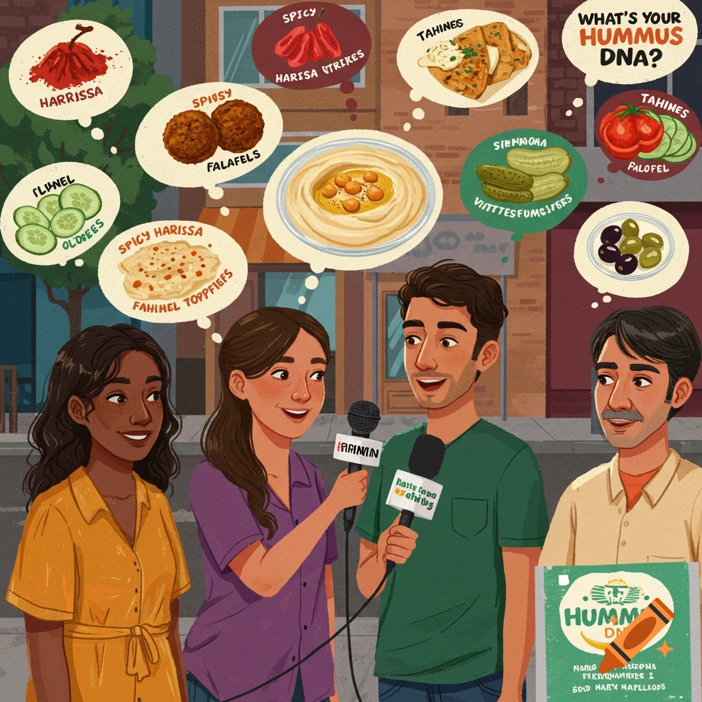 A street interview scene about hummus toppings, with thought bubbles ...