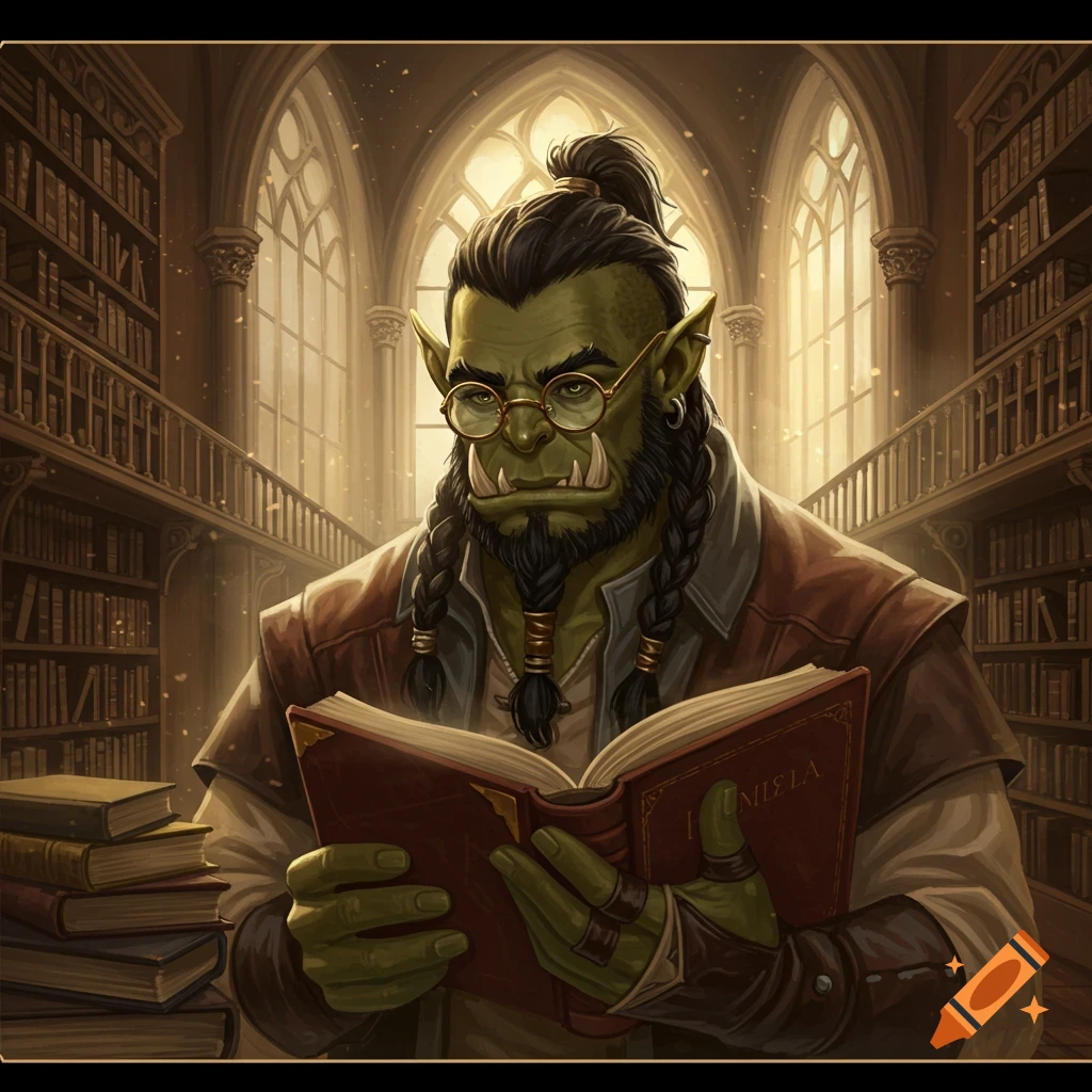 A half-orc with glasses reads a book in a library. on Craiyon