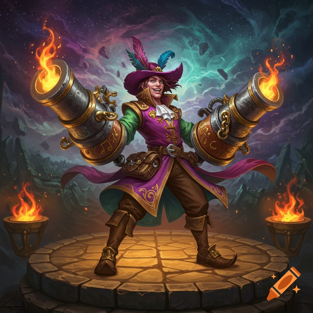 A fantasy character, a bard with cannons for hands, stands on a ...