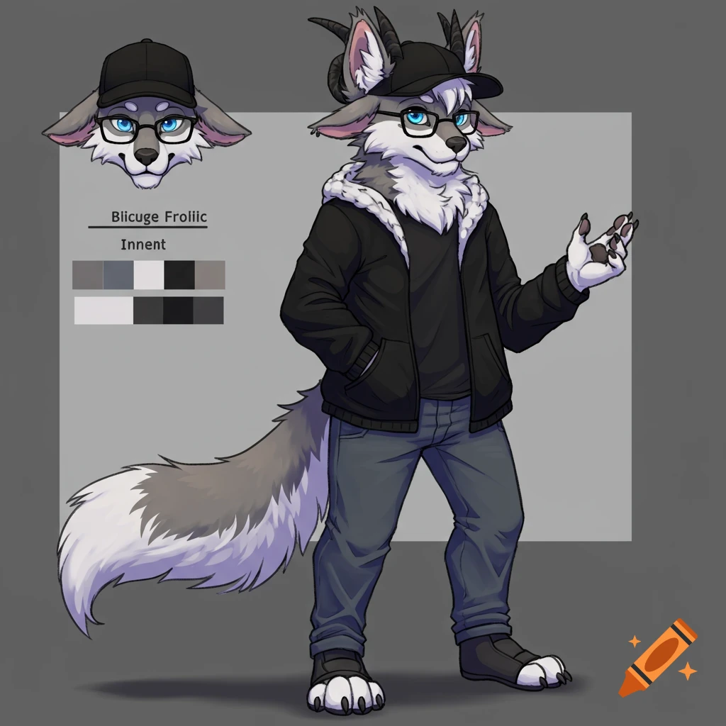 Wolf-goat hybrid character in black clothing on Craiyon