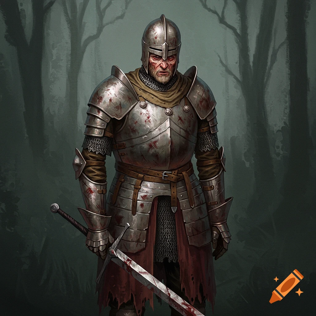 A knight in damaged armor stands in water holding a shield and sword ...