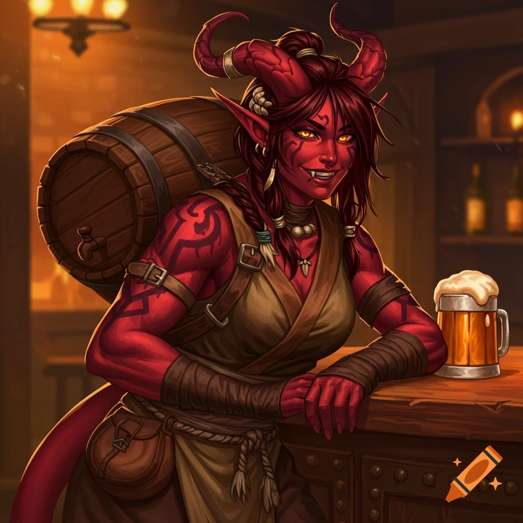 Image of a female tiefling with a barrel on her back leaning on a bar ...