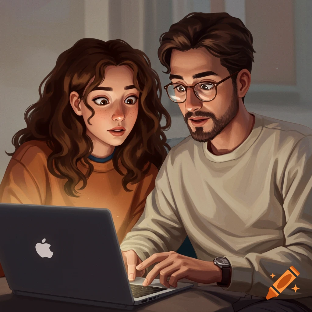 Two people looking intently at a laptop. on Craiyon