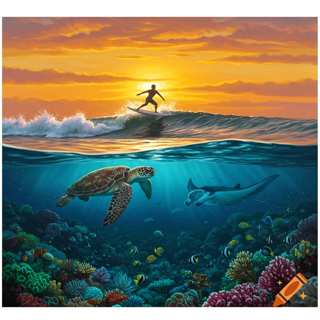 Sunset with surfer, sea turtle, manta ray, and coral reef underwater on ...