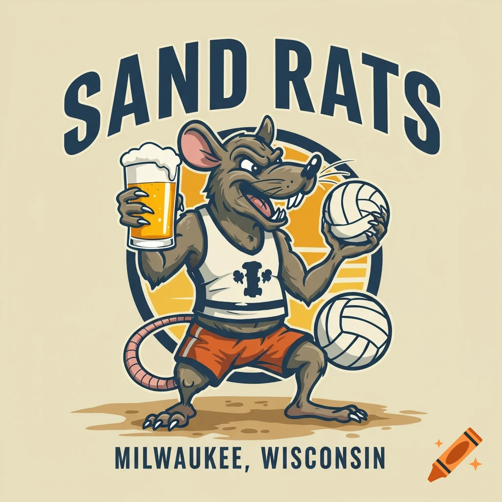 Sand Rats beach volleyball team logo with rat holding beer, Milwaukee ...