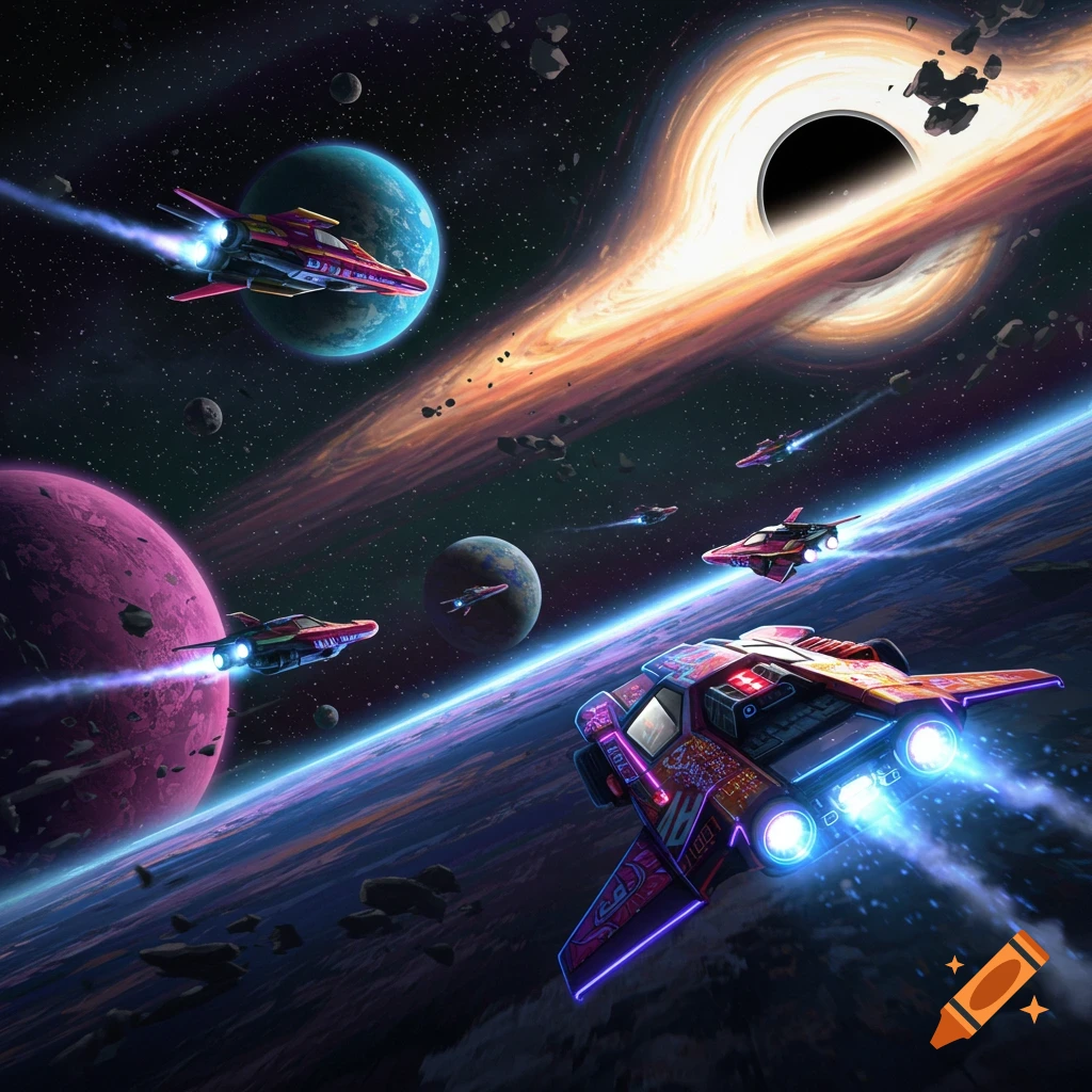 Vibrant 2D cartoon illustration of spaceships and a space station among asteroids and planets in ...