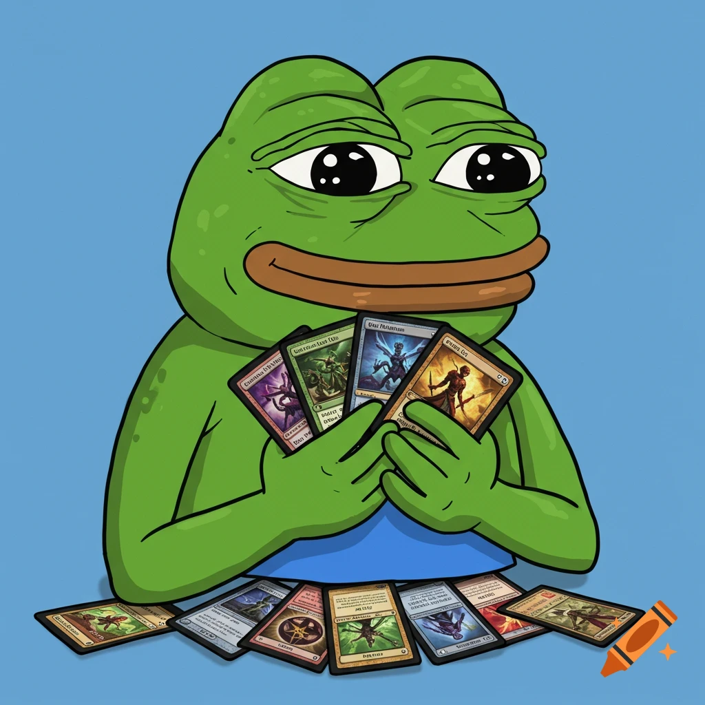 An illustration of Pepe the Frog holding several trading cards with ...