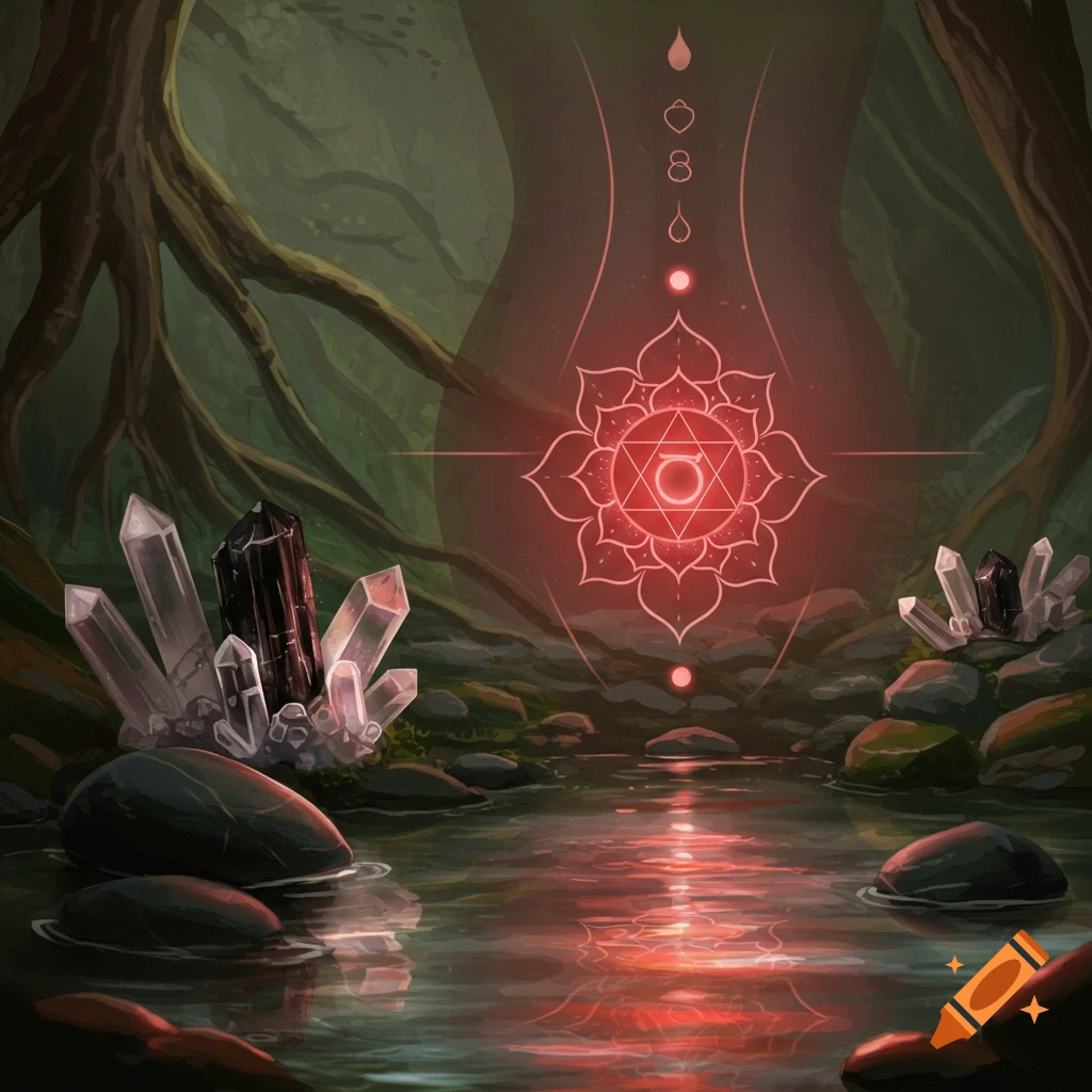 A glowing red root chakra symbol in a forest clearing by a stream ...