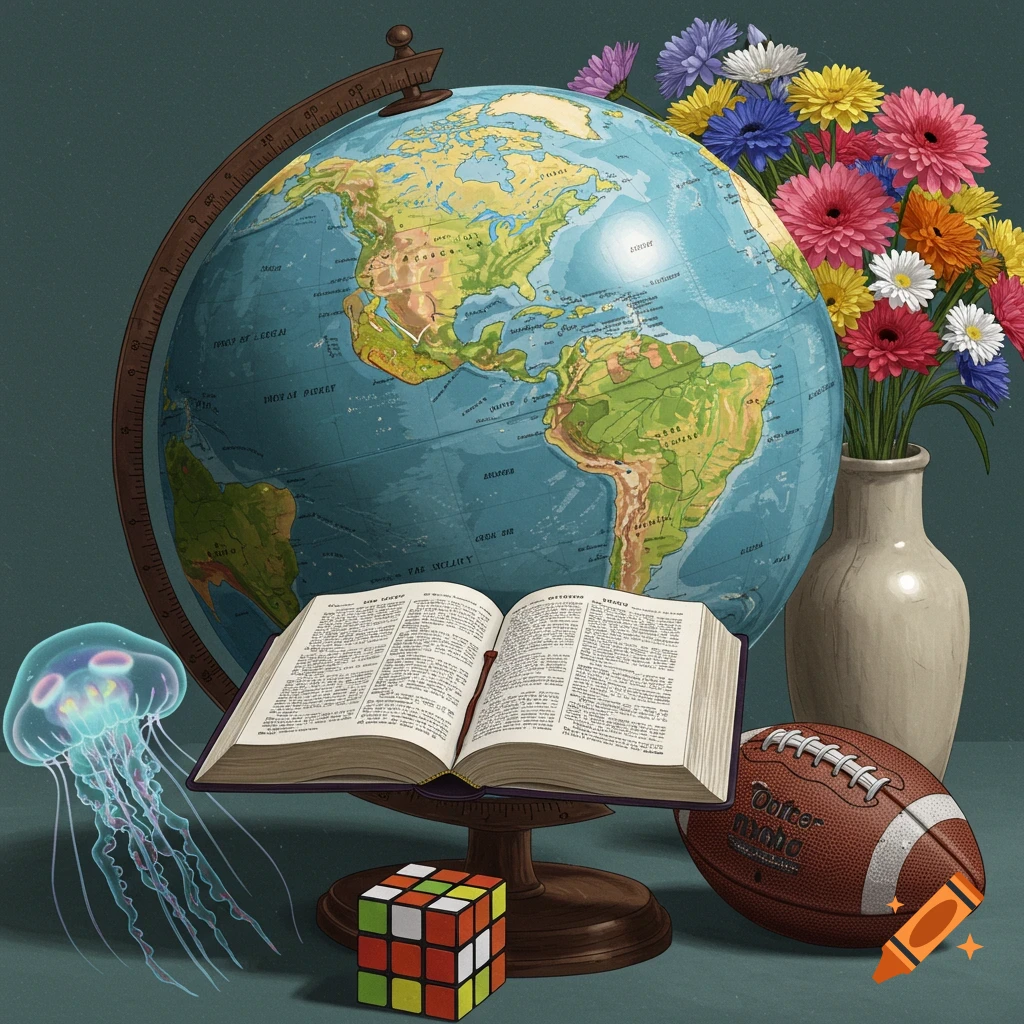 World globe with bible, flower vase, jellyfish, Rubik's cube, and ...