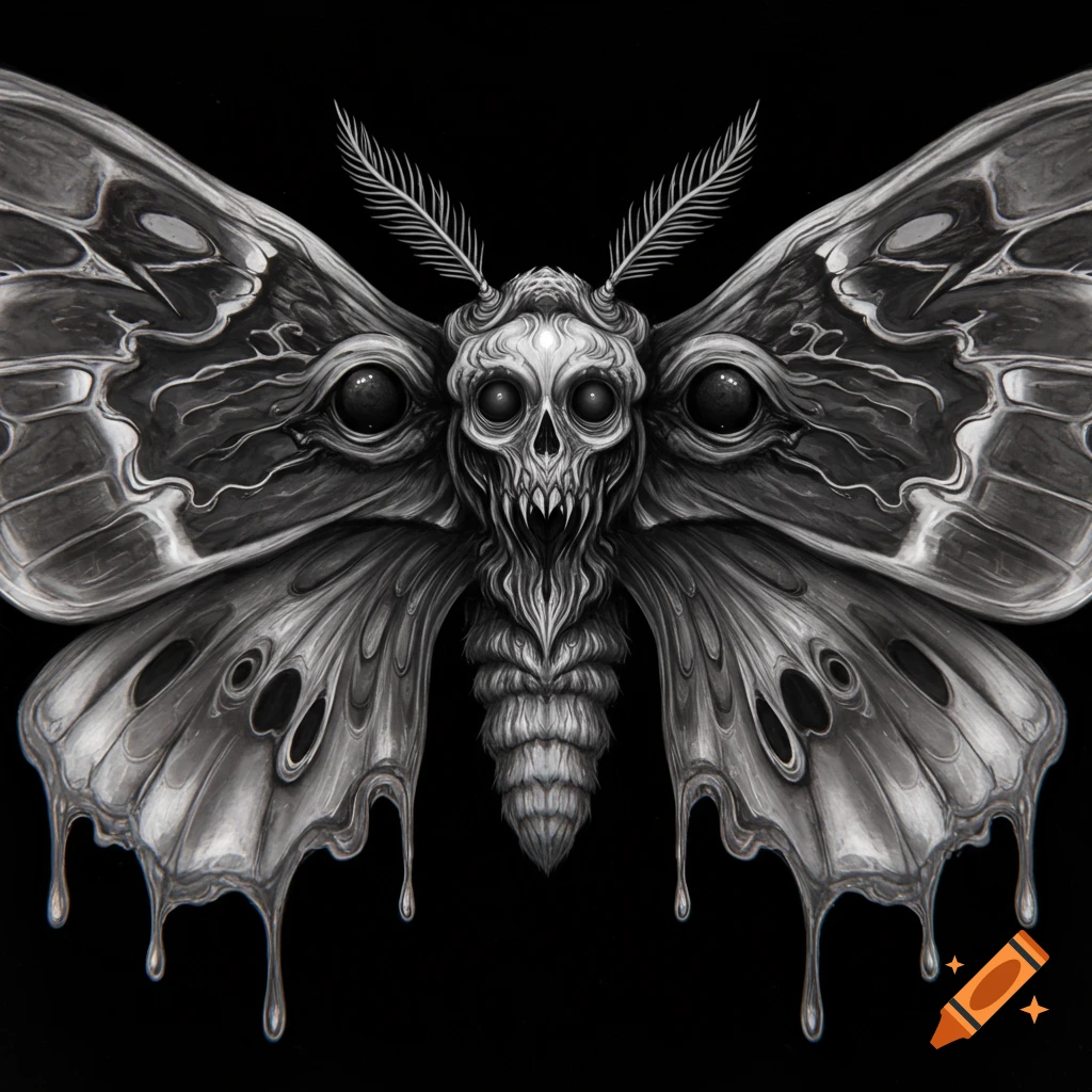 Black and white image of a creepy moth with a skull face and melting ...