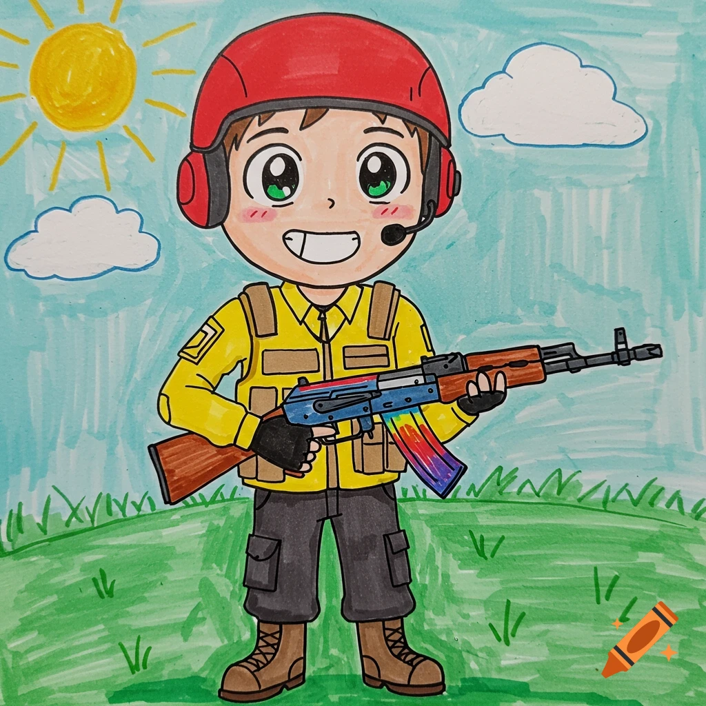 Cartoon drawing of a soldier holding a rifle with a rainbow magazine in ...