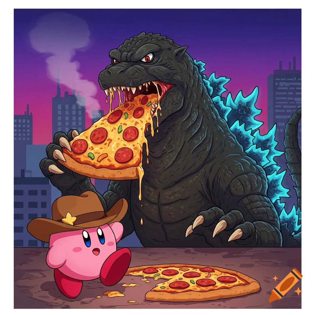 Godzilla eating pizza, Kirby wearing hat on Craiyon