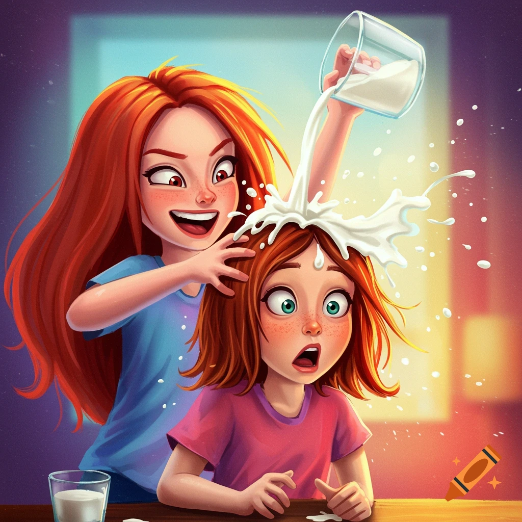 Cartoon illustration of one sister pouring milk on the other's head. on ...