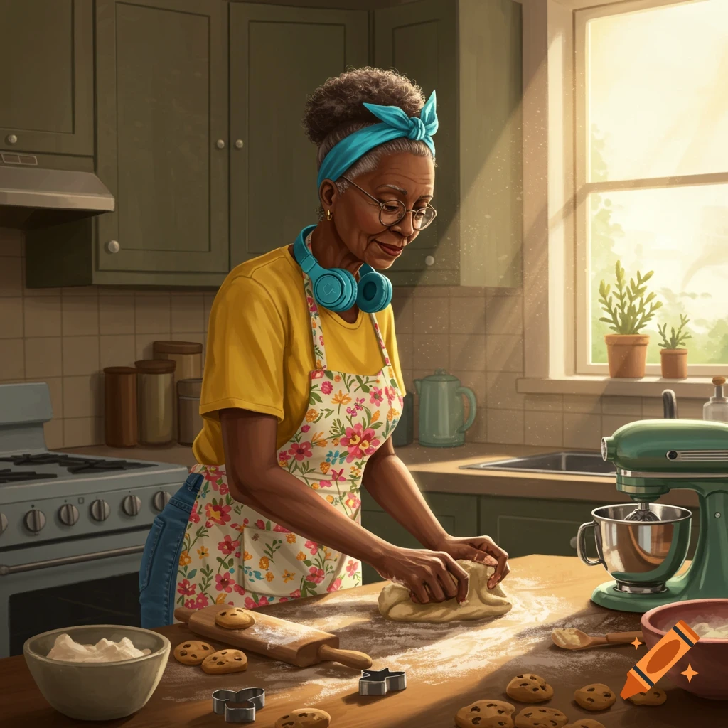 Old grandma baking cookies with low taper fade and blue headphones on ...