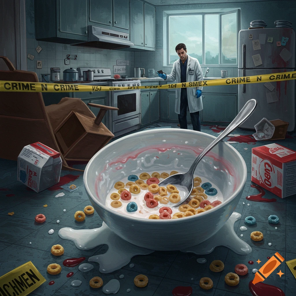 A cereal bowl crime scene in a kitchen, with a scientist investigating ...