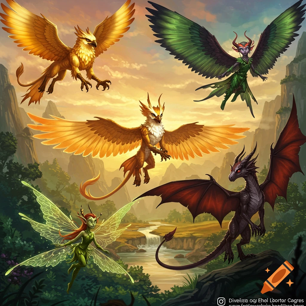Multiple fantasy creatures including gryphons, a fairy, and a dragon ...