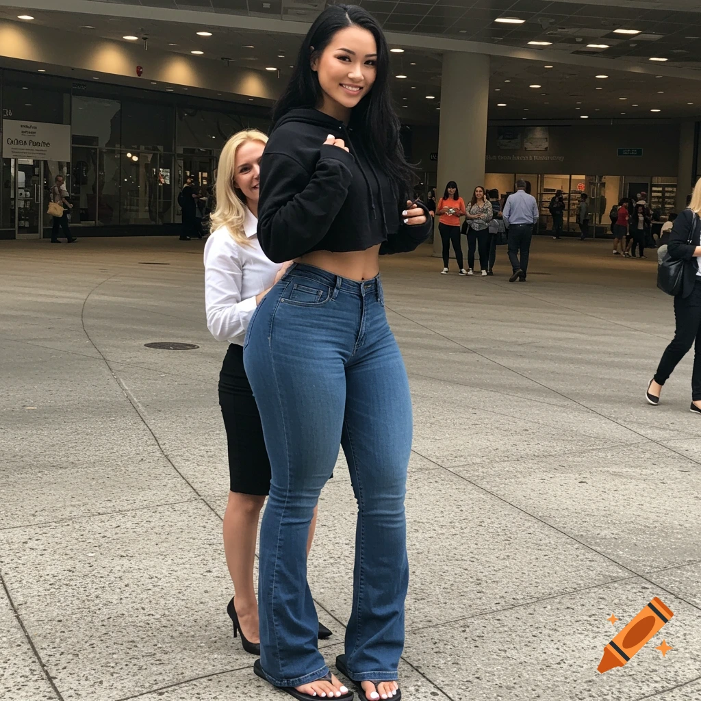 Tall woman in black hoodie and flared jeans towers over a shorter woman ...