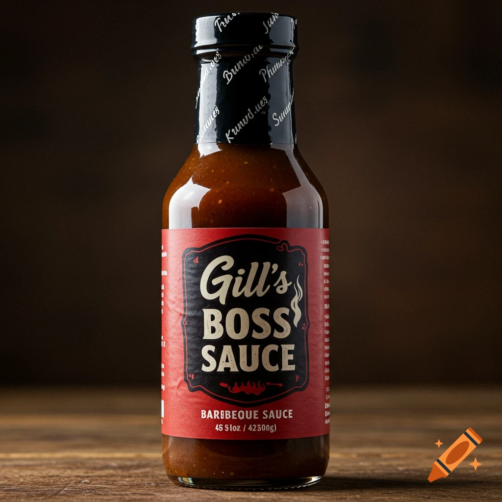 A bottle of Gill's Boss Barbeque Sauce sits on a wooden table. on Craiyon