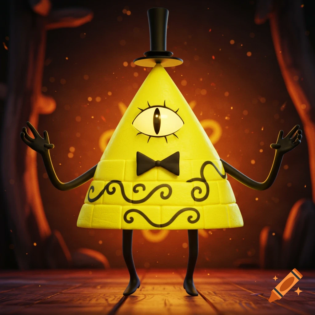 A 3D render of Bill Cipher, a yellow triangle character with a top hat ...