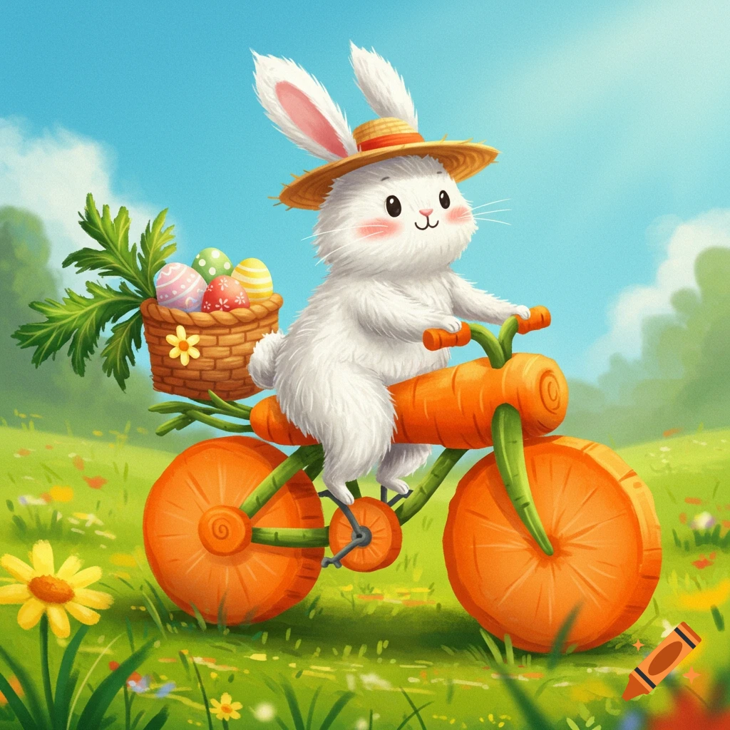 Cute white rabbit in a straw hat rides a carrot bicycle with Easter ...
