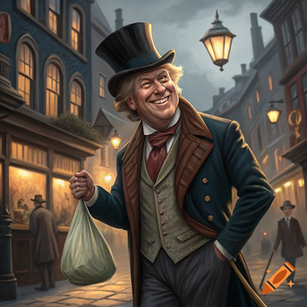 Smiling man in top hat and coat holds a bag on a historical street on ...
