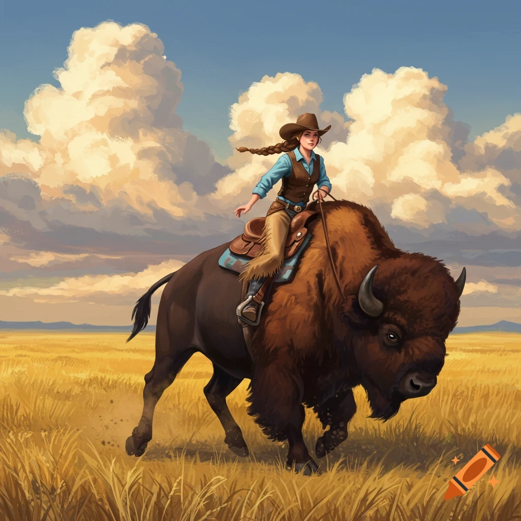 A cowgirl is riding a bison through a grassy field. on Craiyon